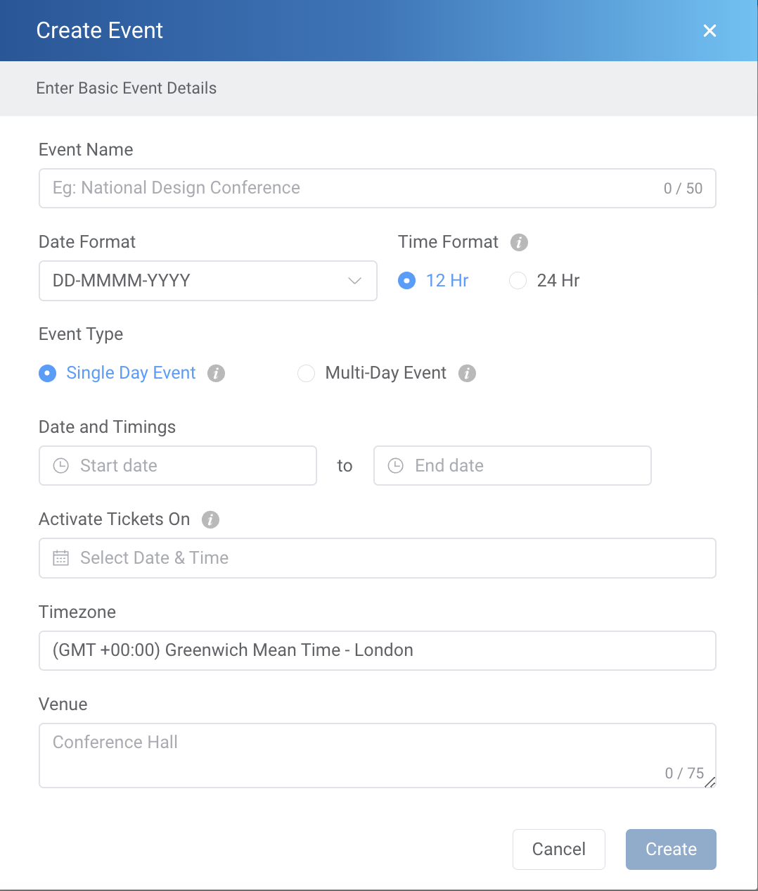 Create New Event – Ticket Generator