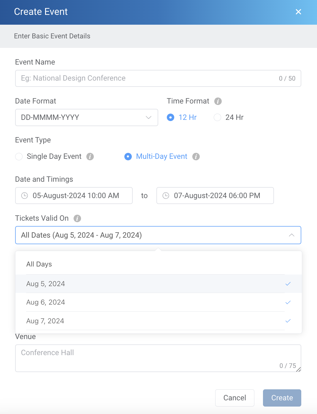 Create New Event – Ticket Generator